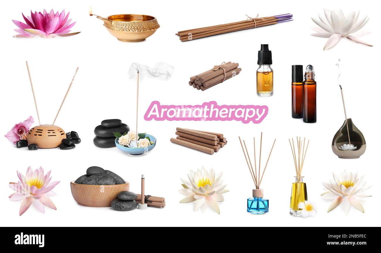 Incense sticks and other items for aromatherapy on white background ...
