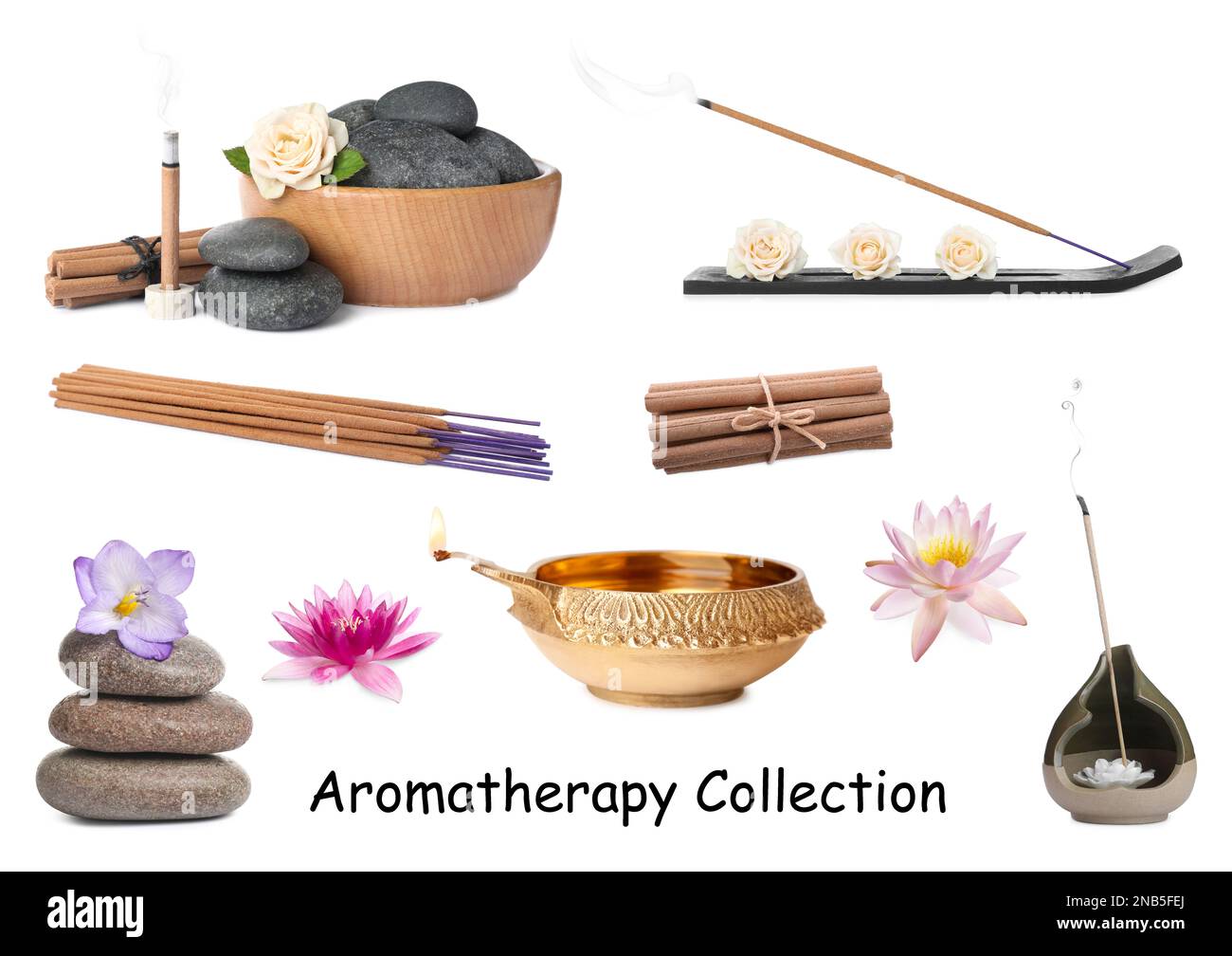 Incense sticks and other items for aromatherapy on white background ...