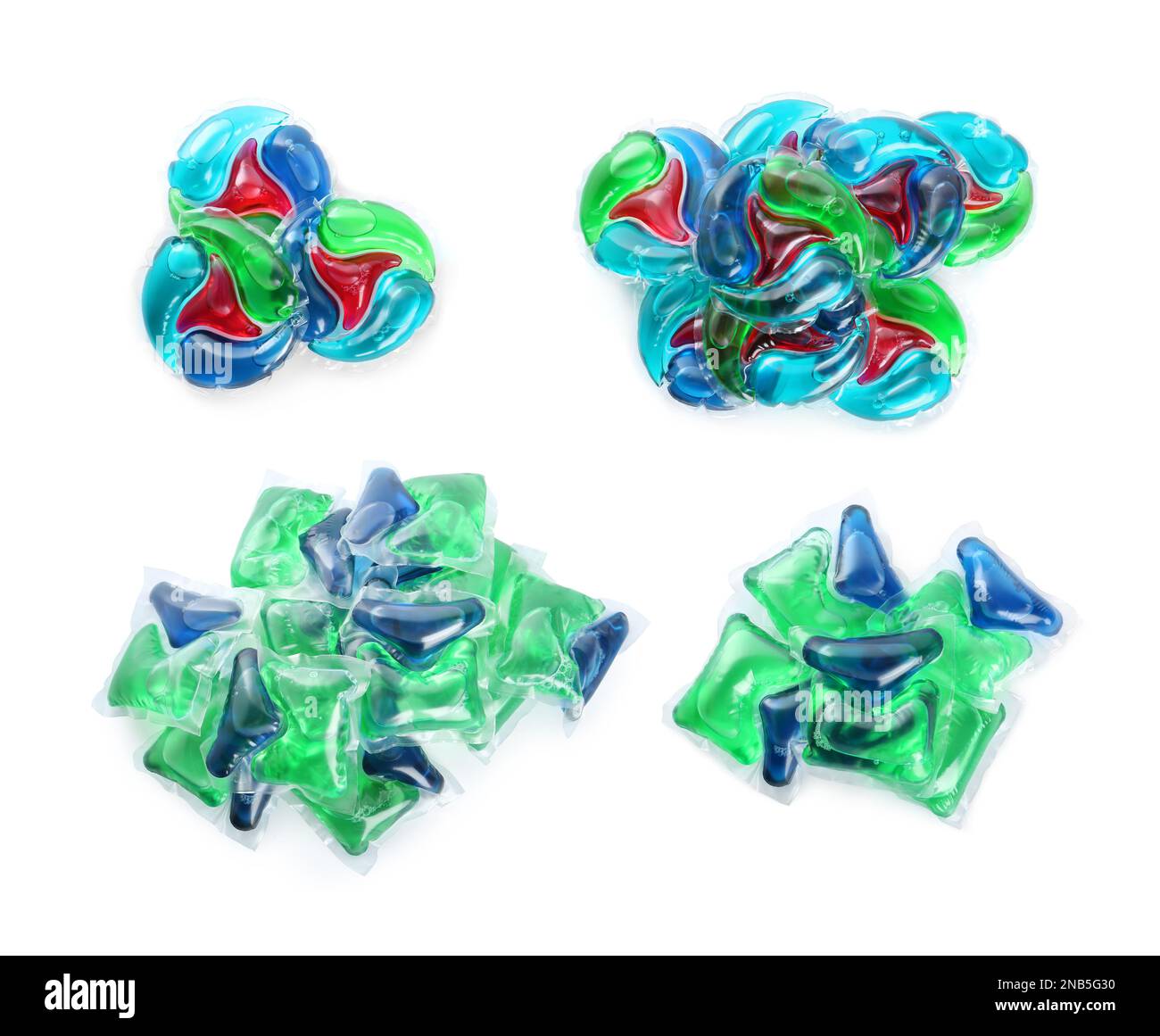 Set with laundry capsules on white background, top view. Detergent pods ...