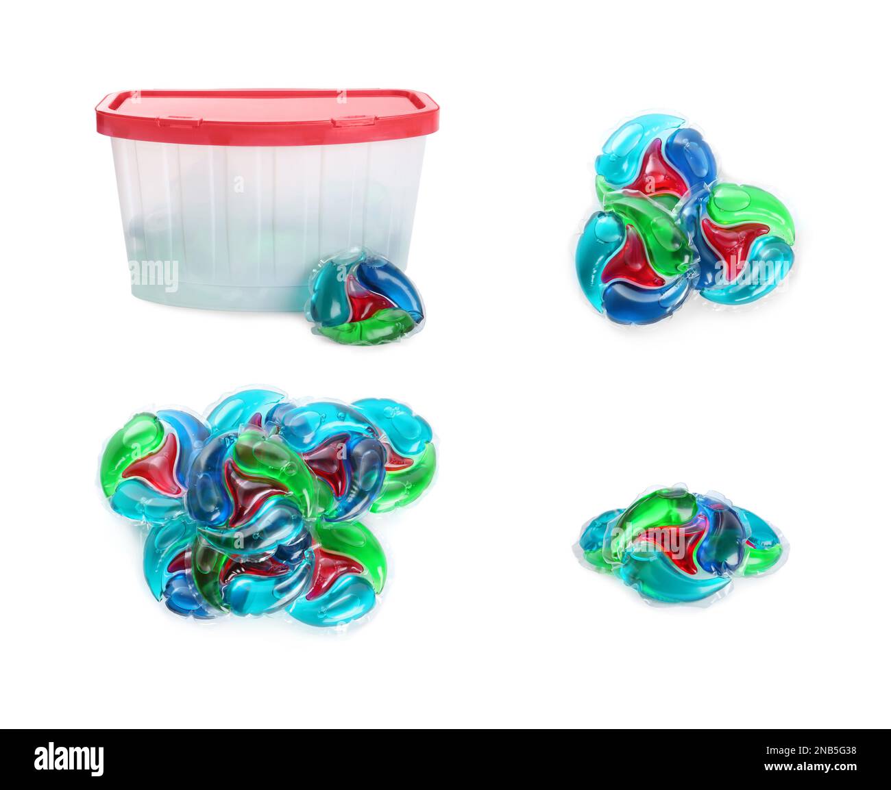 Set with laundry capsules on white background. Detergent pods Stock ...