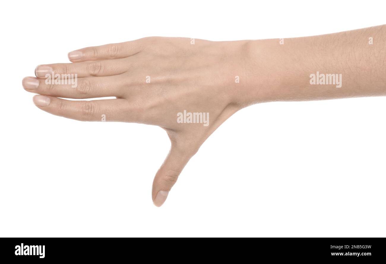 Woman showing pale hand on white background, closeup. Anemia symptom ...