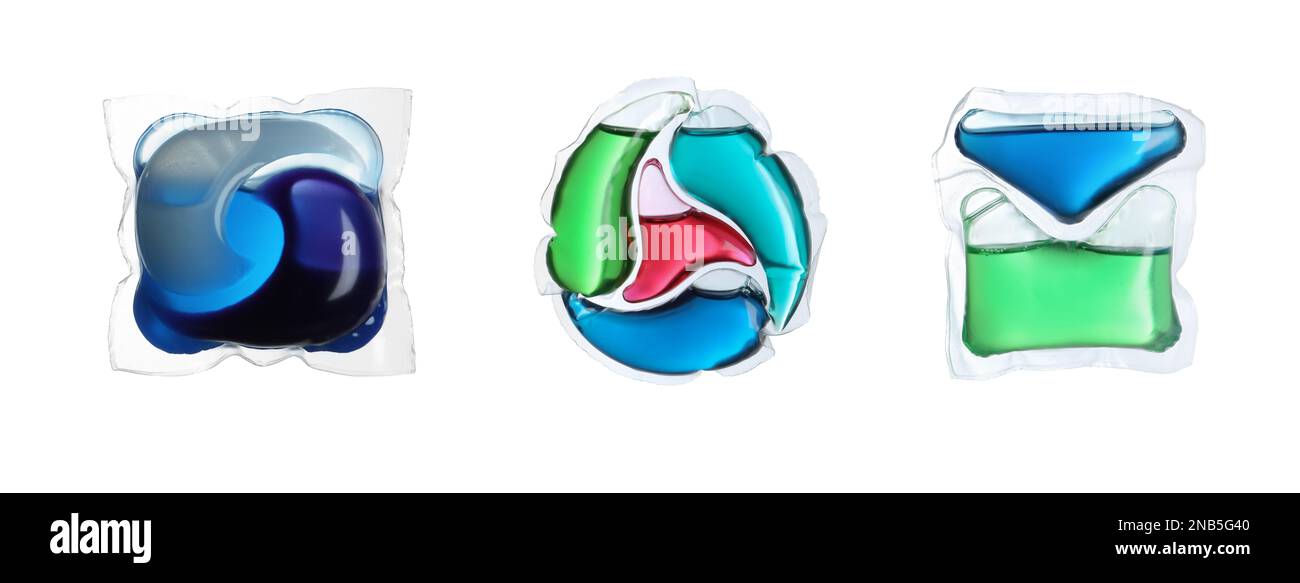 Set with laundry capsules on white background, banner design. Detergent ...