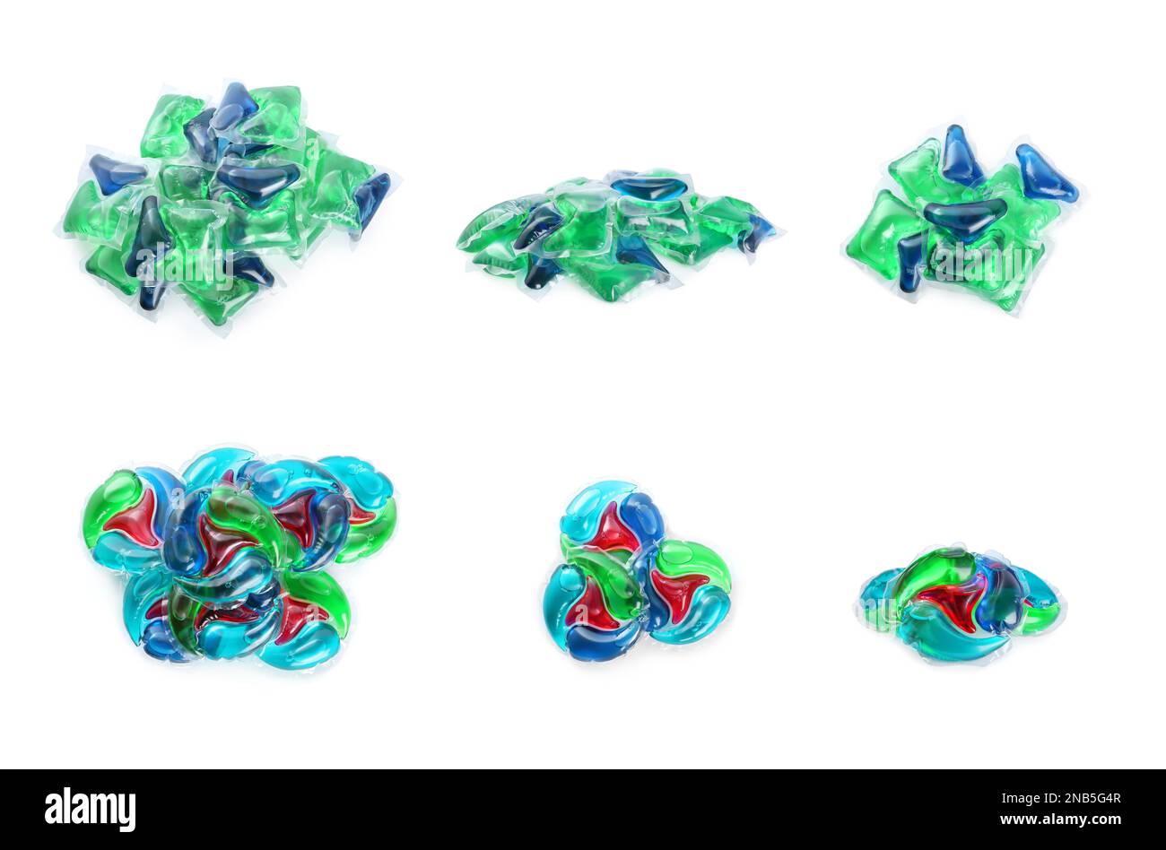 Set with laundry capsules on white background. Detergent pods Stock ...