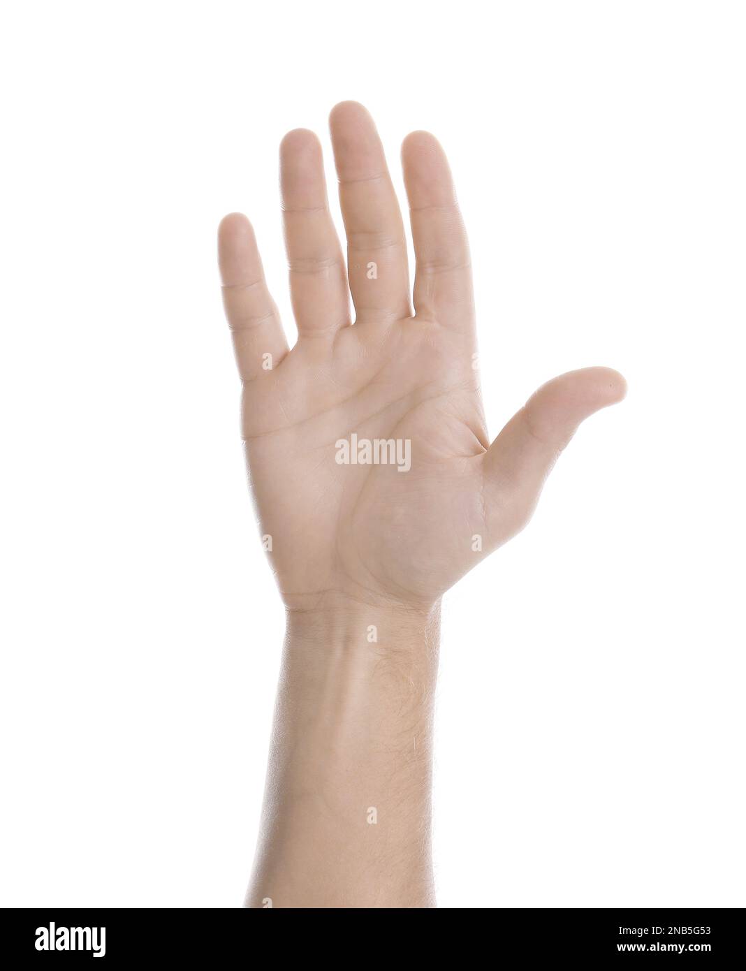 Man showing pale palm on white background, closeup. Anemia symptom ...