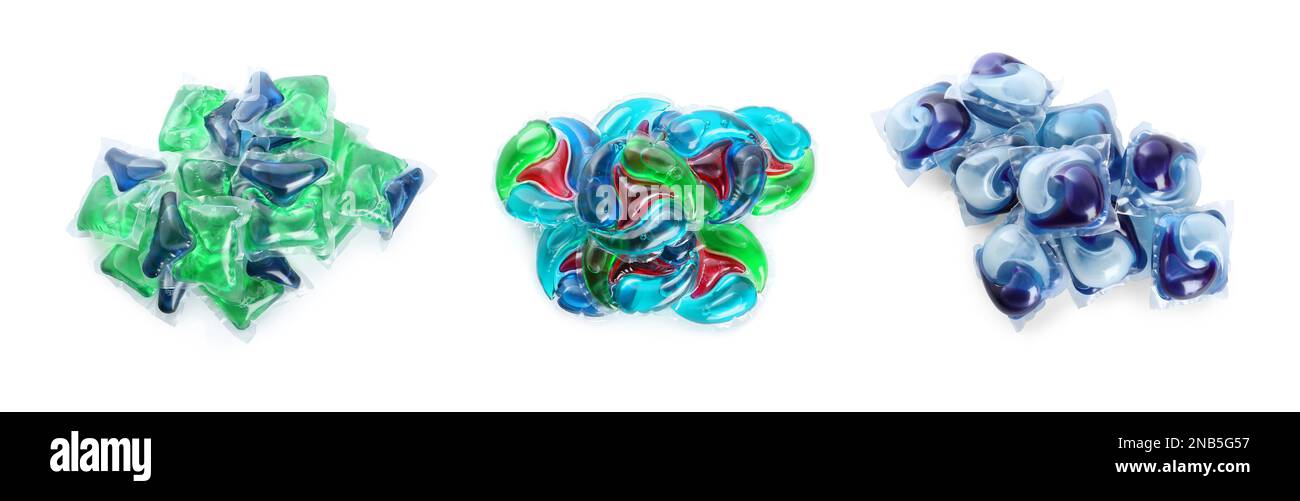 Set with laundry capsules on white background, banner design. Detergent ...