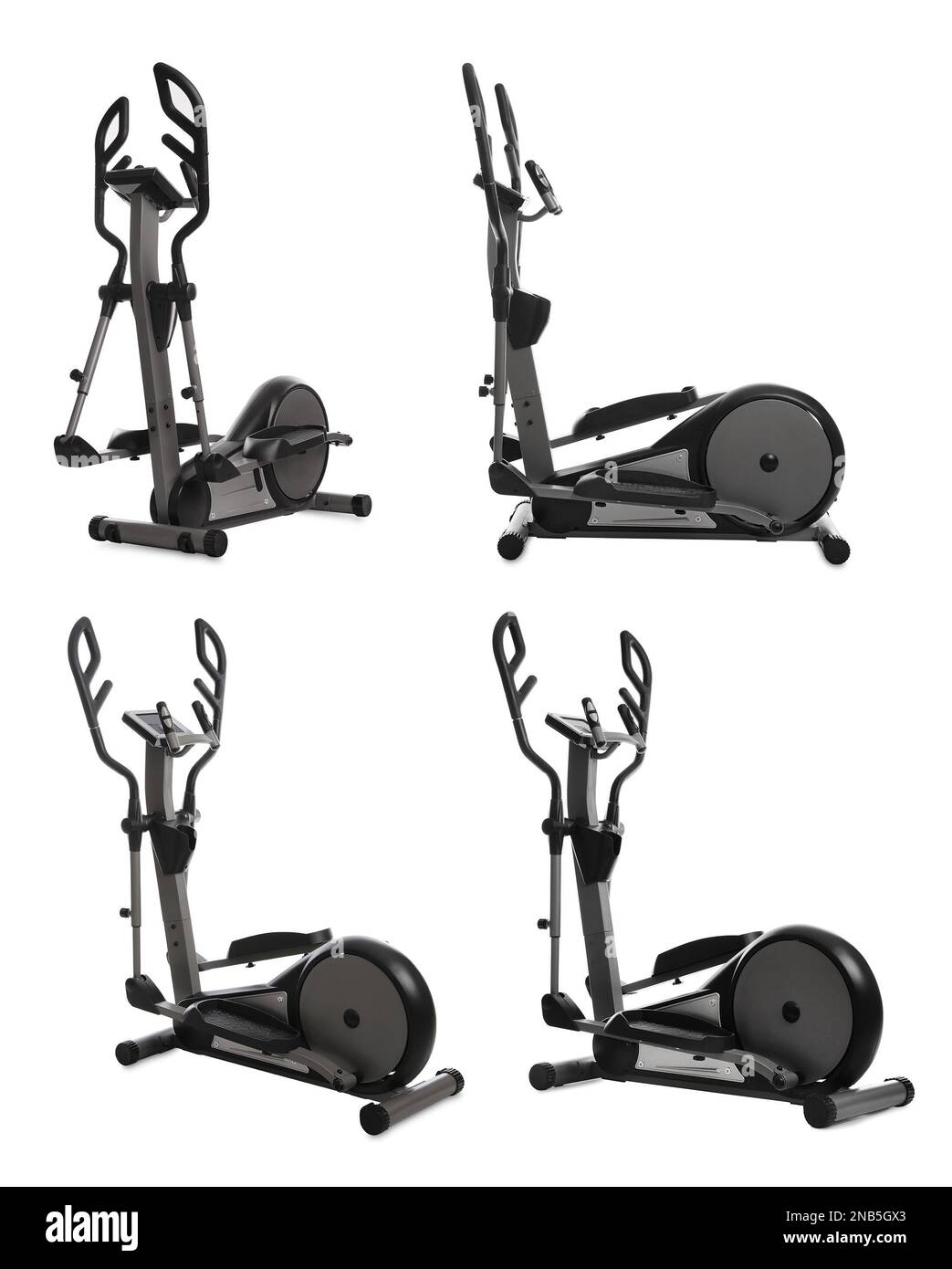 Set with modern elliptical machines on white background Stock Photo - Alamy