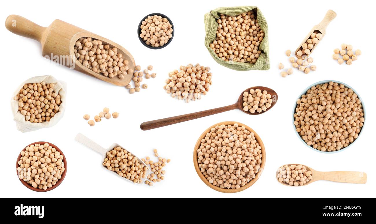 Set with raw chickpeas on white background, top view. Banner design ...