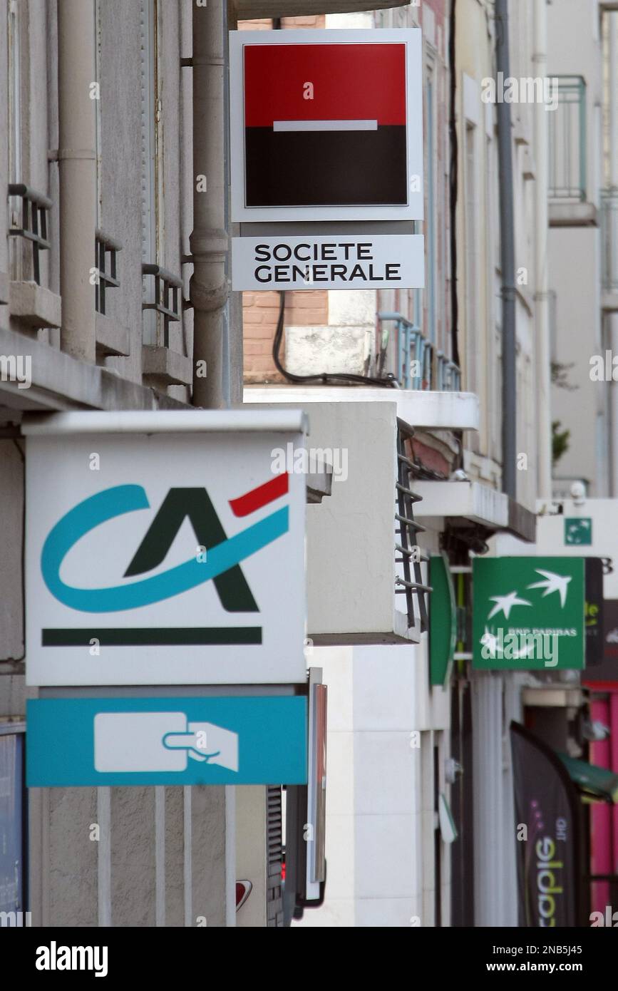 Logos of French banks Credit Agricole, left, societe Generale and BNP ...