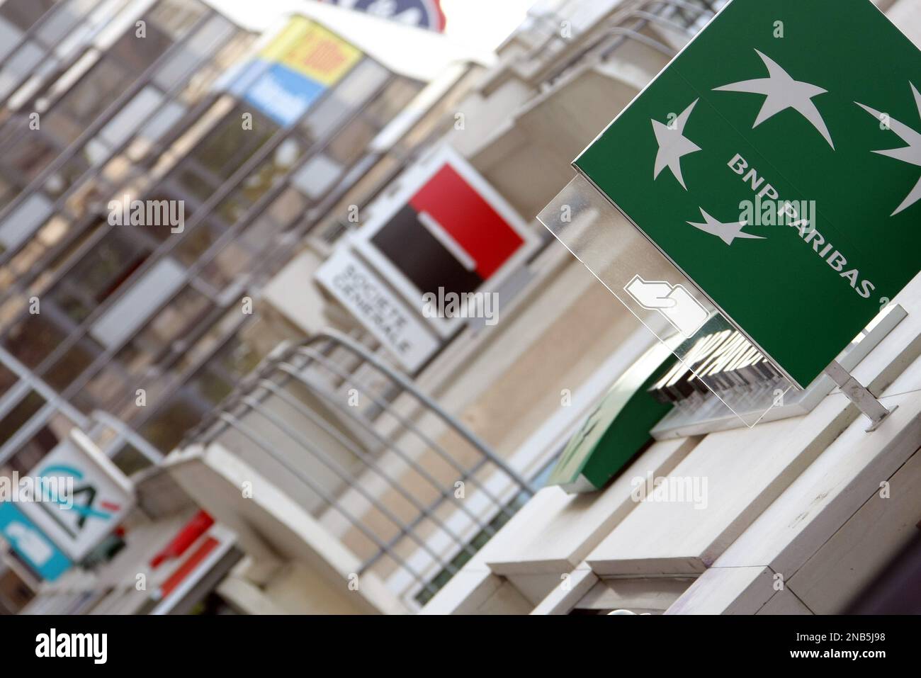 Logos of French banks Credit Agricole, left, societe Generale and BNP ...