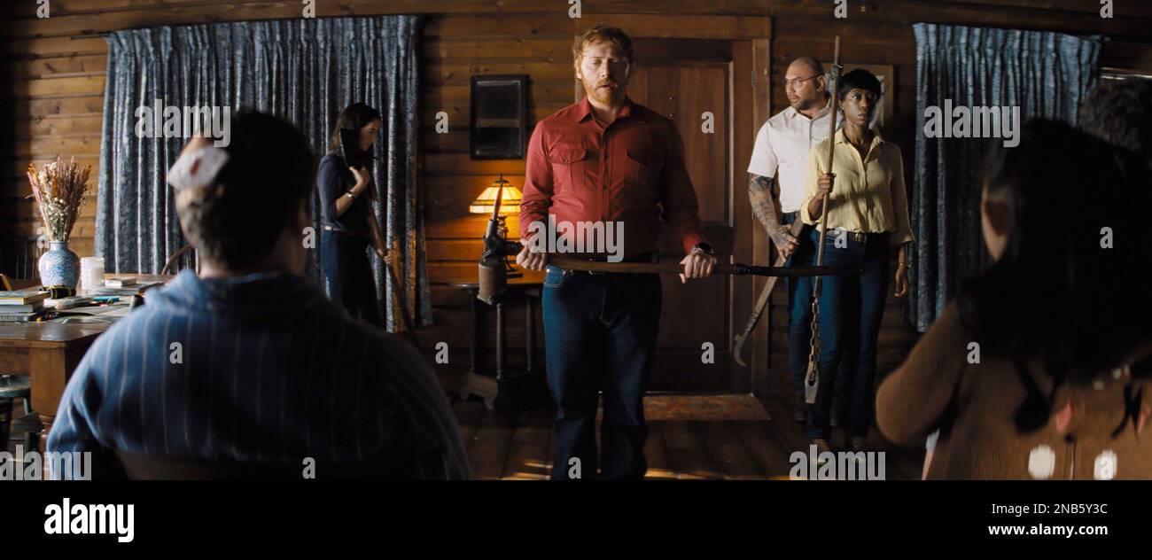 KNOCK AT THE CABIN, from left: Jonathan Groff, Abby Quinn, Rupert Grint ...