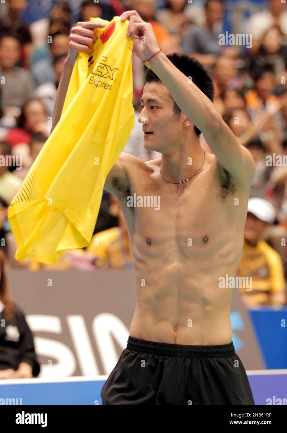 Chen Long of China celebrates after winning over Lee Chong Wei of ...