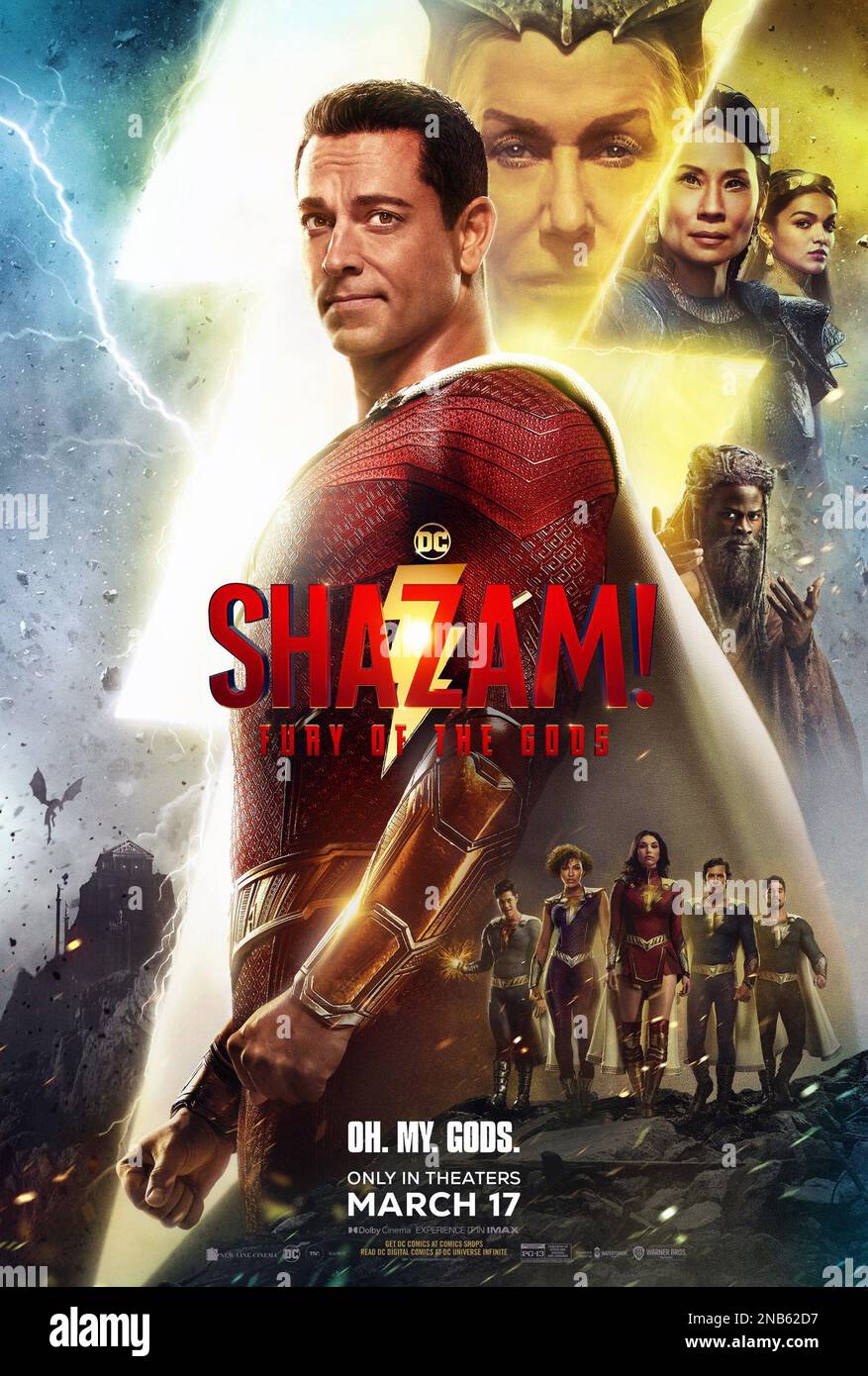 SHAZAM! FURY OF THE GODS, (aka SHAZAM 2), US poster, top from left: Zachary Levi as Shazam ...