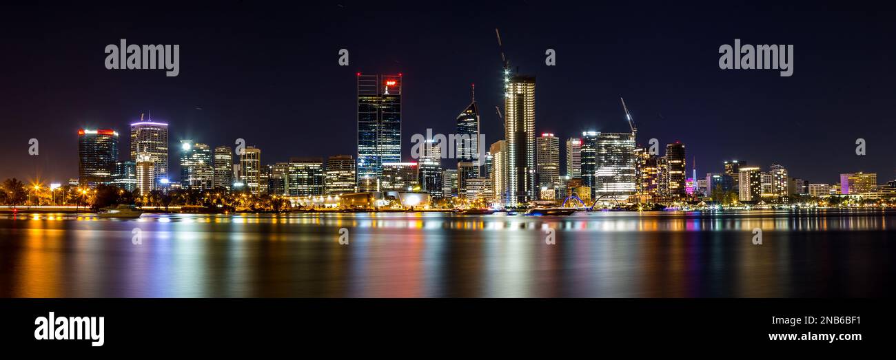 Perth City Skyline shot at night from the South Perth Foreshore. Long ...