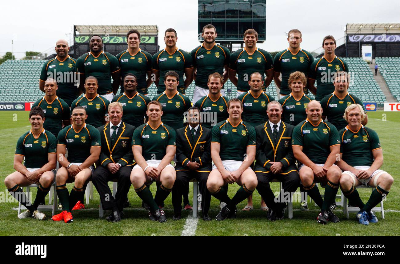 The South African rugby team pose for a team photo during the Captain's ...