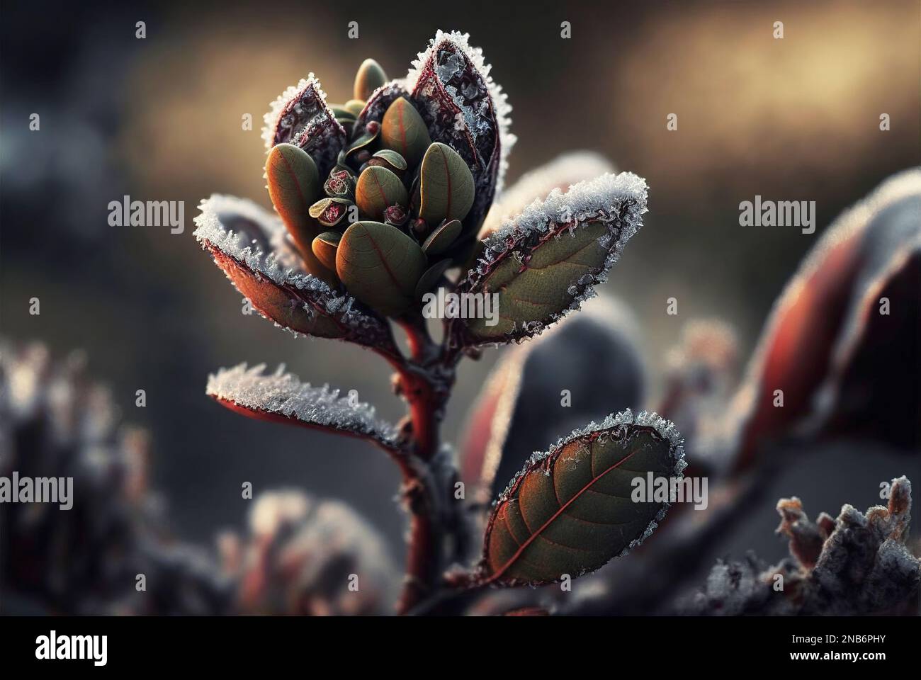 Frozen dew and frost on plant leaves at dawn on a cold winter day Stock ...