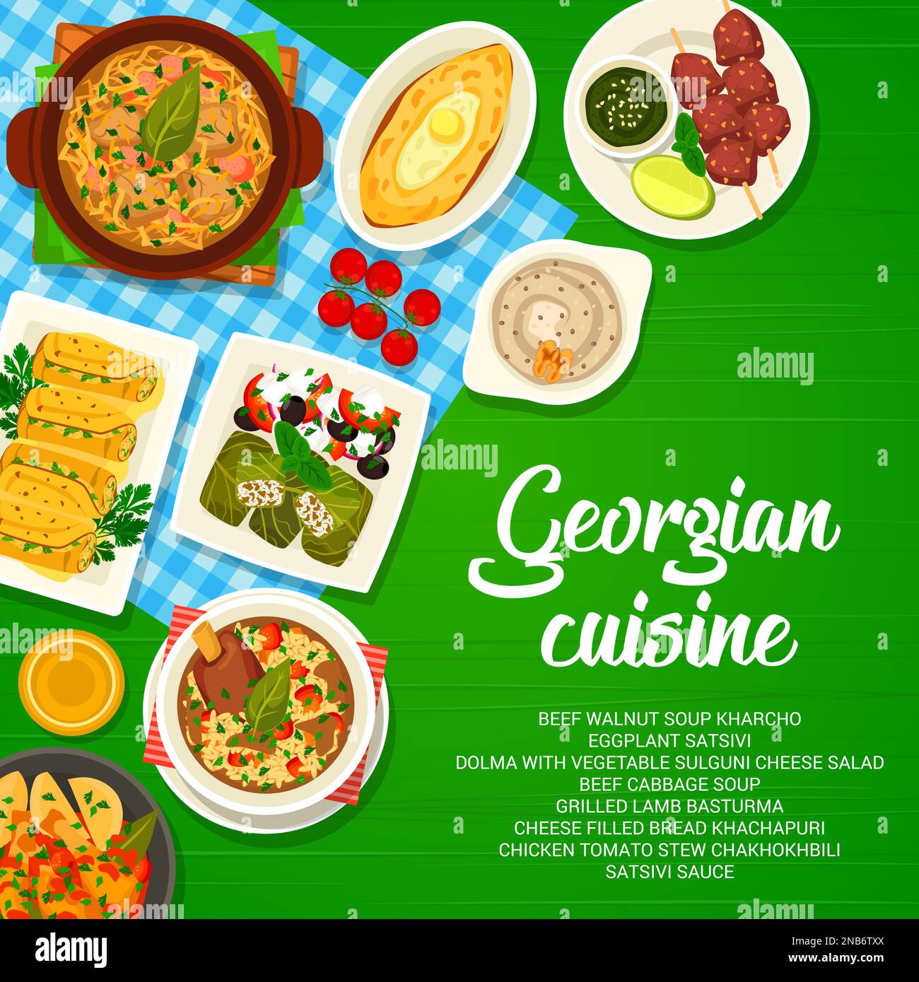 Georgian cuisine dishes menu cover page. Bread Khachapuri, soup Kharcho ...