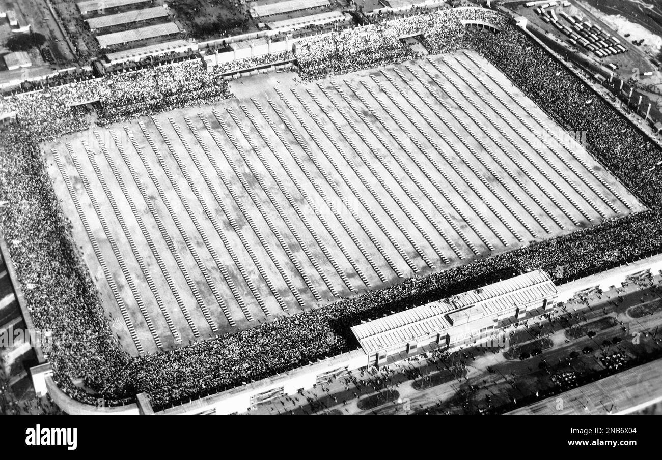 Aerial view of the sports stadium at Prague, Czechoslovakia, during a ...