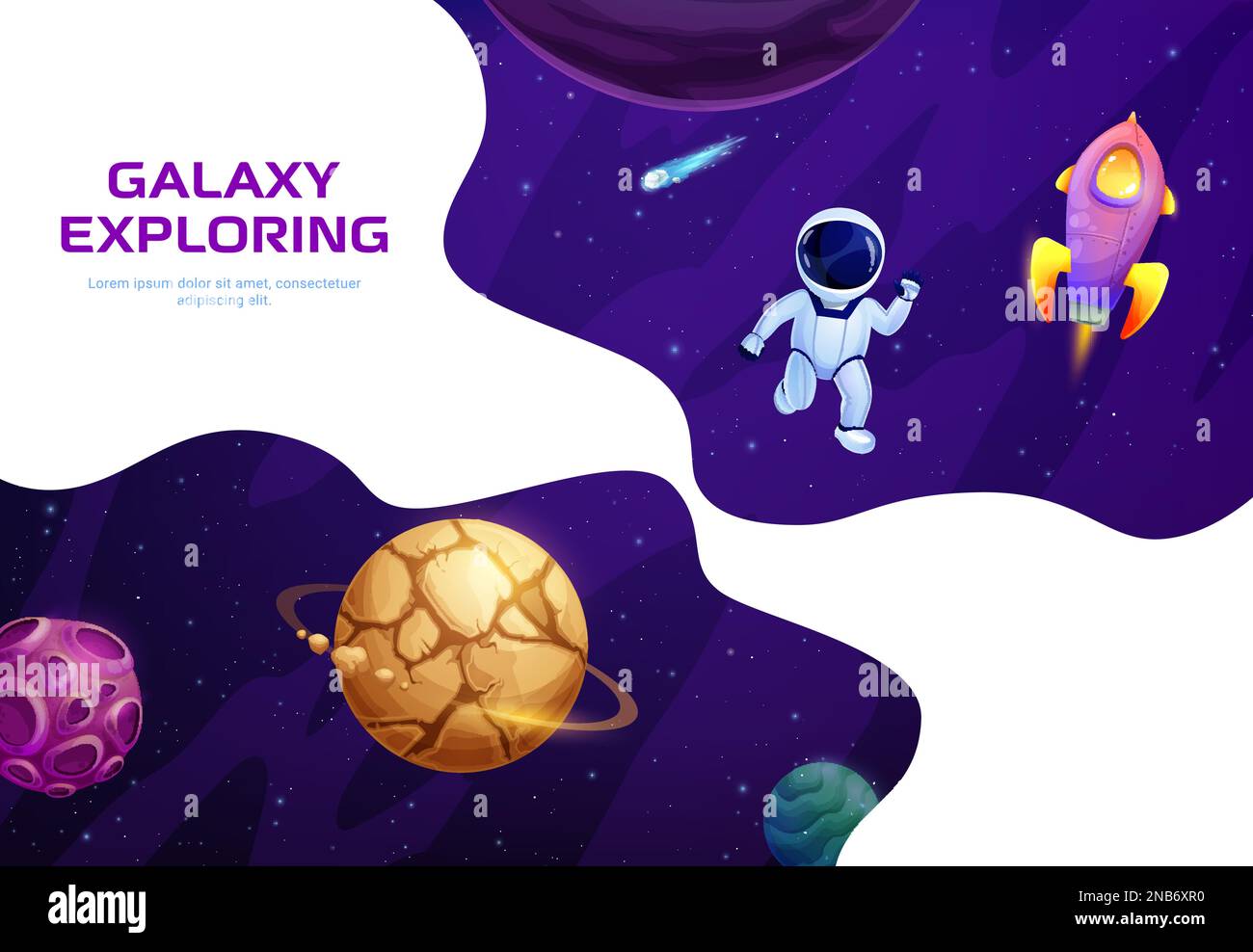Space landing page. Cartoon astronaut, spaceship, planets and stars ...