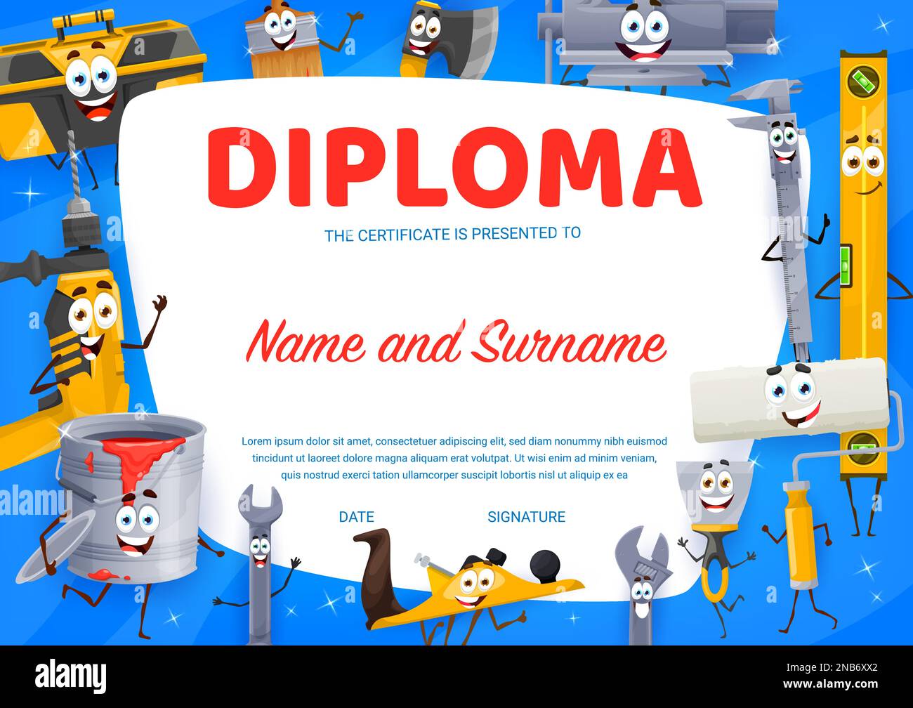 Kids diploma. DIY and repair tools funny characters. Kids graduation ...