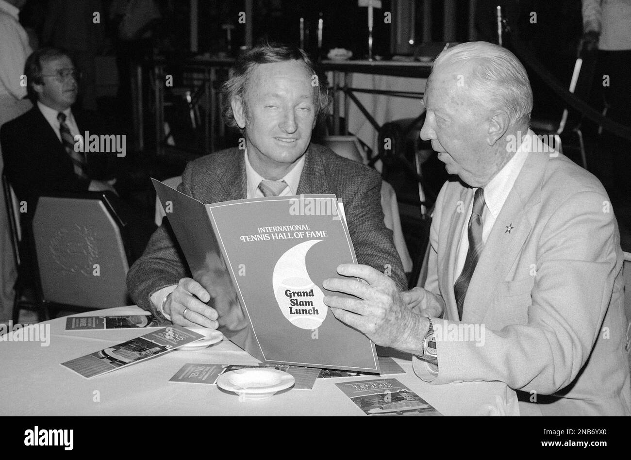 Rod Laver and Don Budge chat during press conference in New York on ...