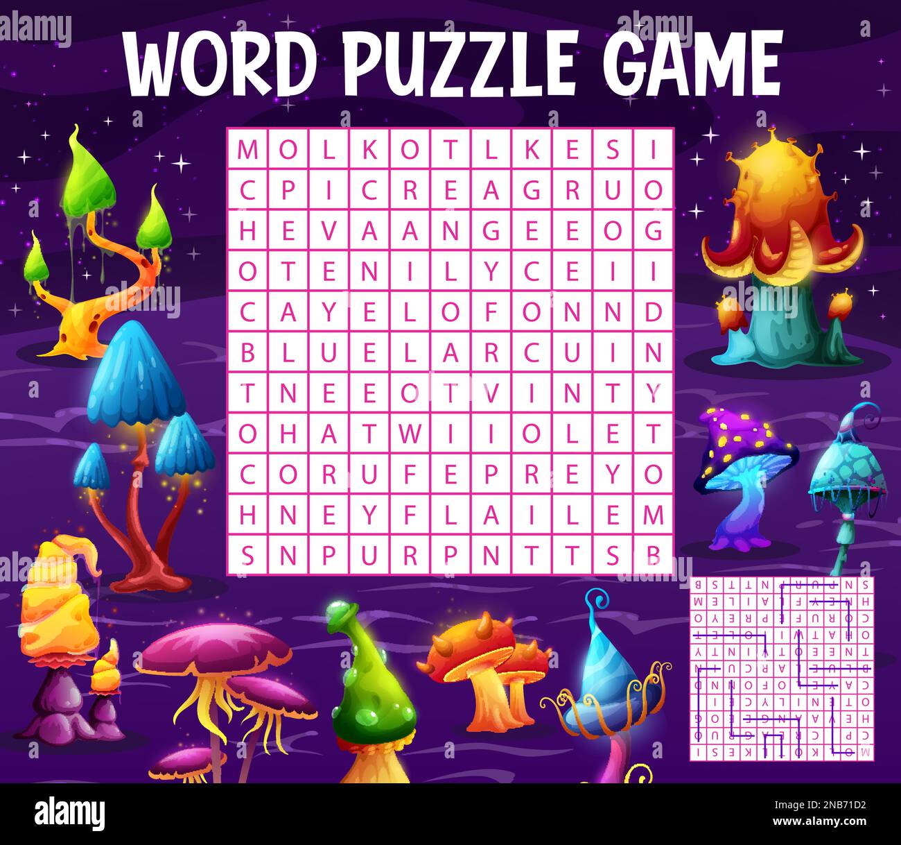 Find color of alien magic mushrooms caps, word search puzzle, vector ...