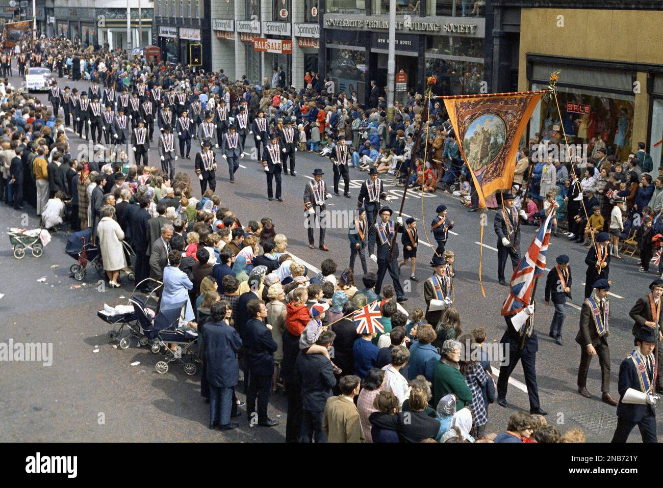 Orange Day Parade passing through the city streets of Belfast, Northern ...