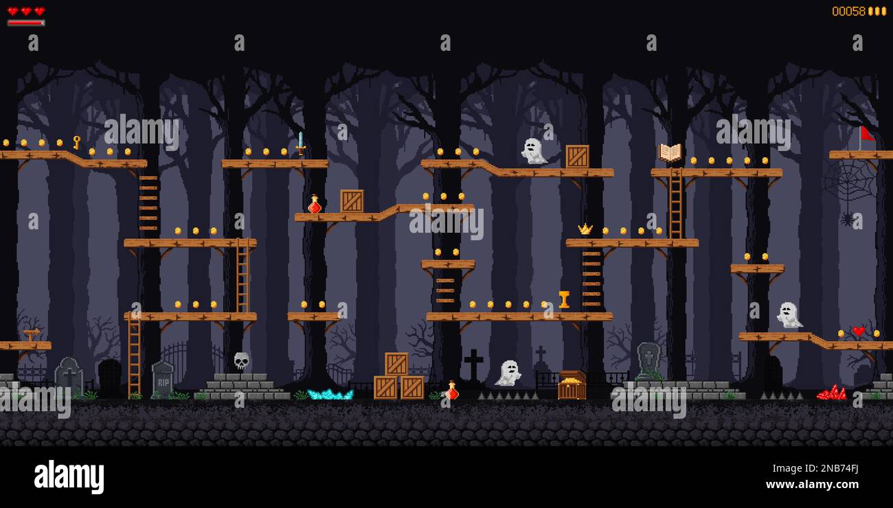 Night forest and cemetery game level screen interface. Computer vintage ...
