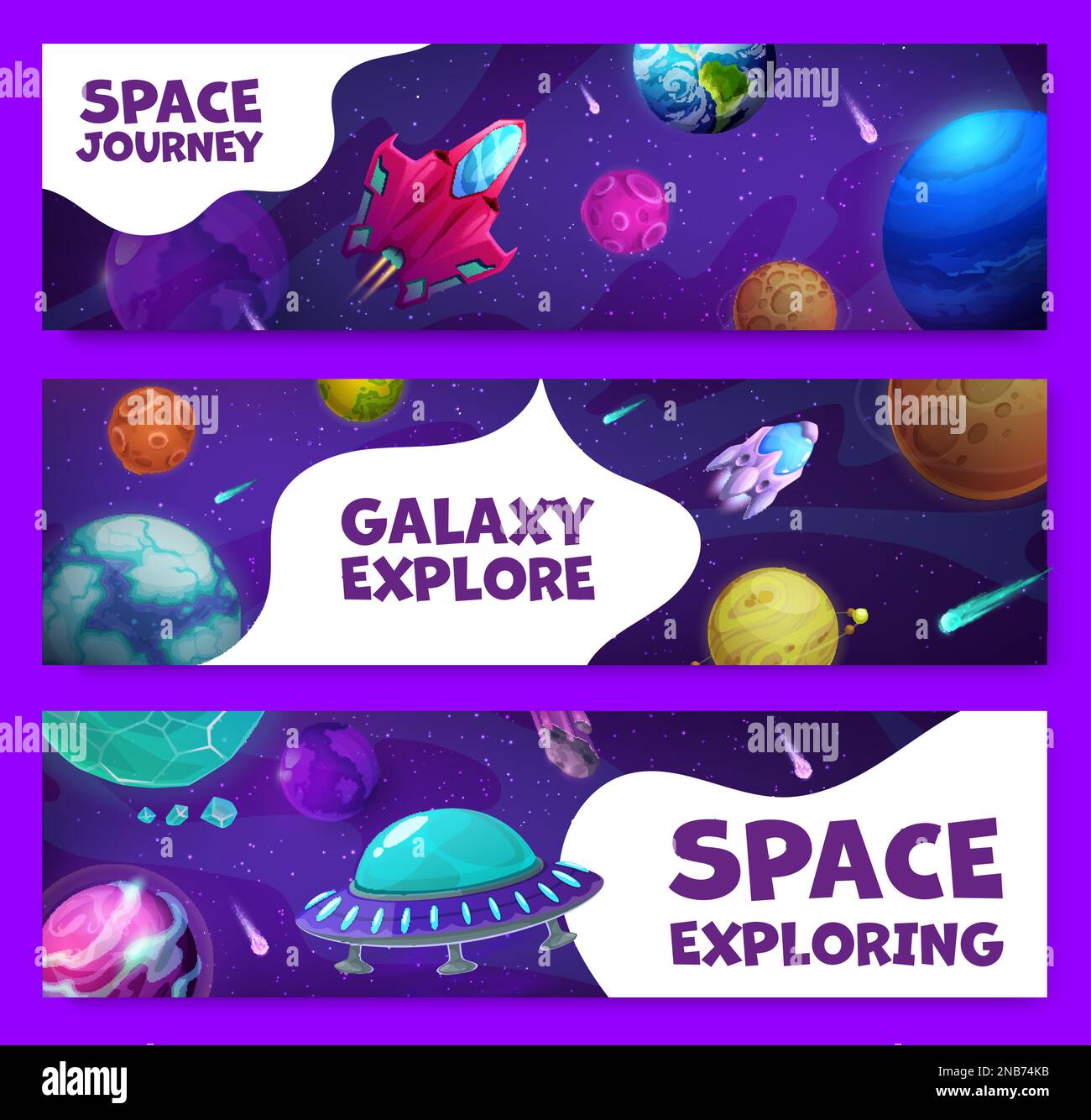 Cartoon space banners with futuristic cosmic engines and ufo saucers ...