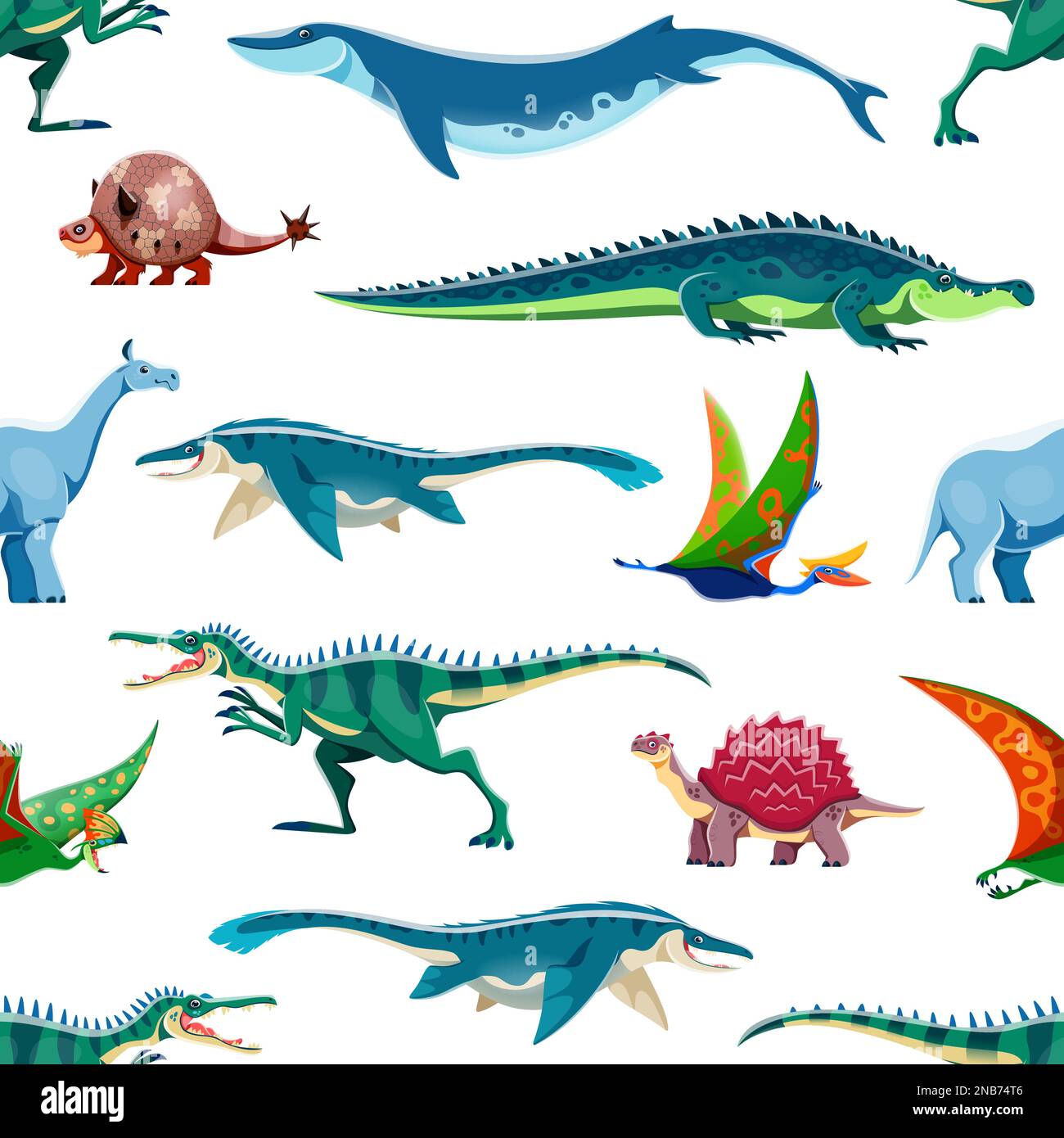 Cartoon aquatic, flying dinosaurs personages seamless pattern. Extinct ...
