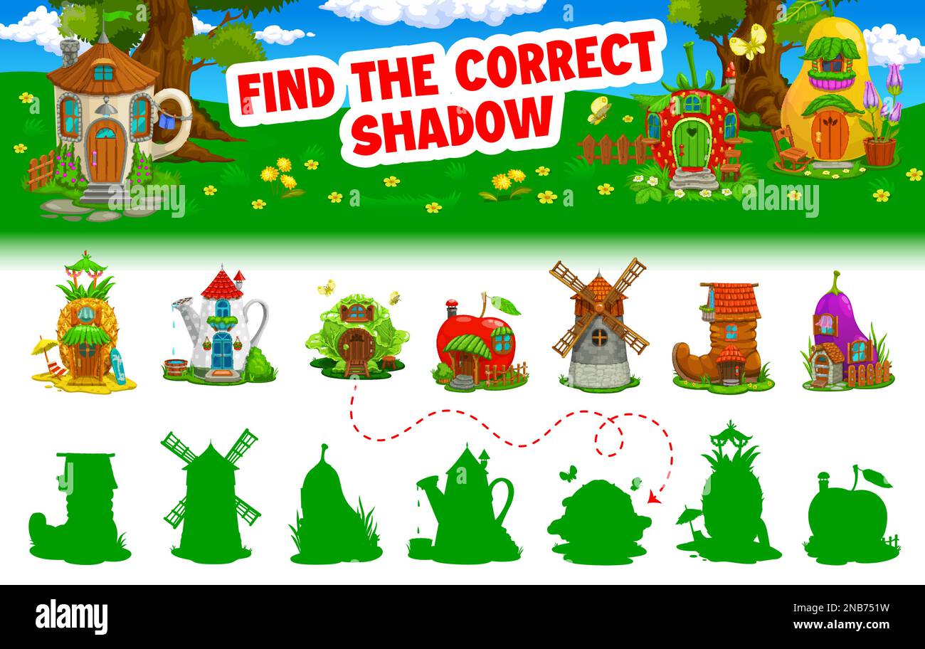 Find the correct shadow of cartoon fairytale house buildings. Kids ...