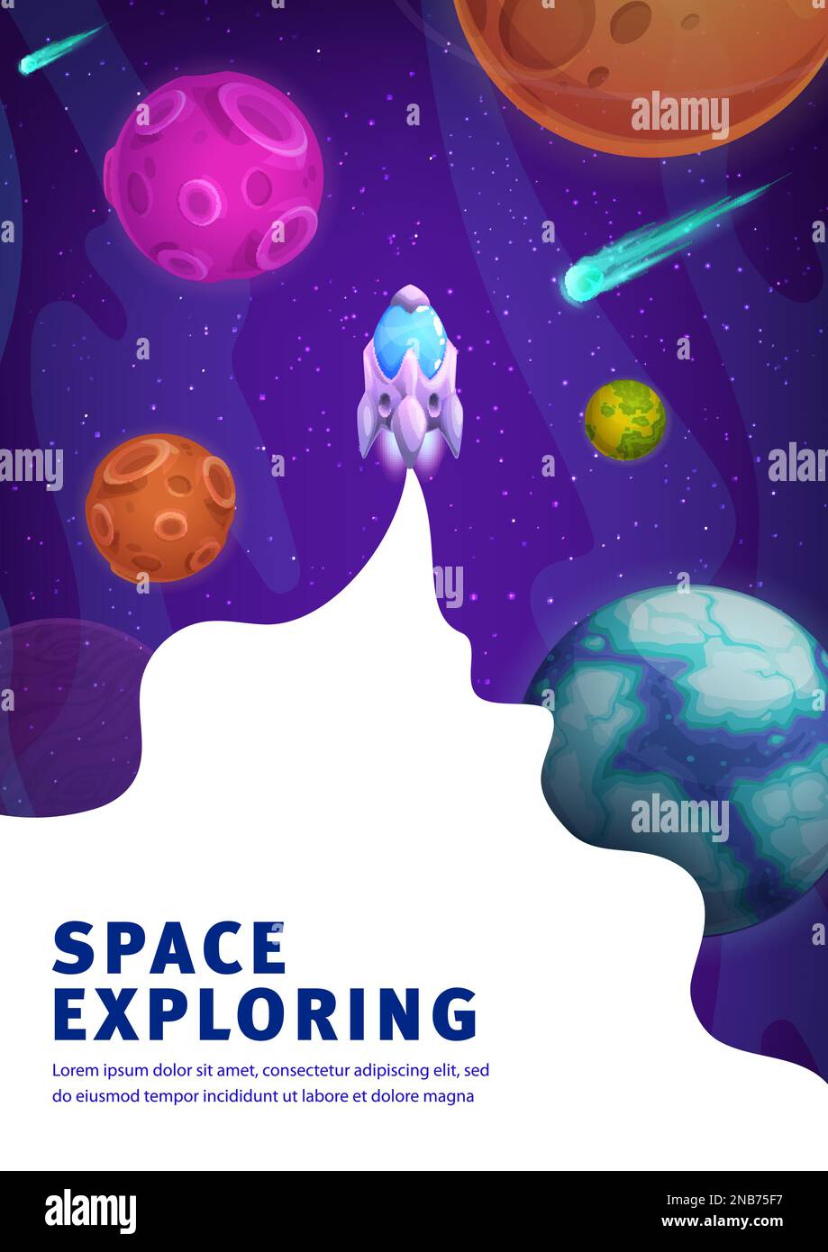 Space landing page galaxy exploring. Vector poster with cartoon rocket ...