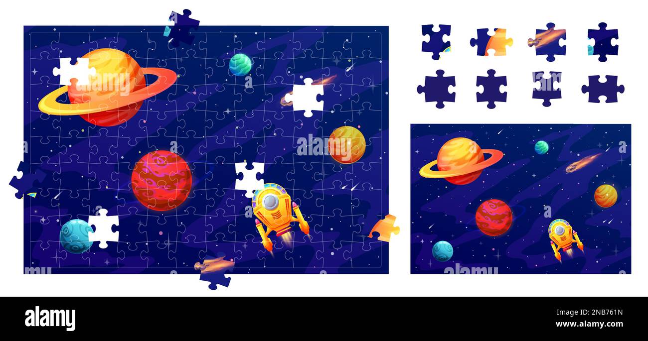 Jigsaw puzzle space game pieces. Spaceship, galaxy planets and stars ...