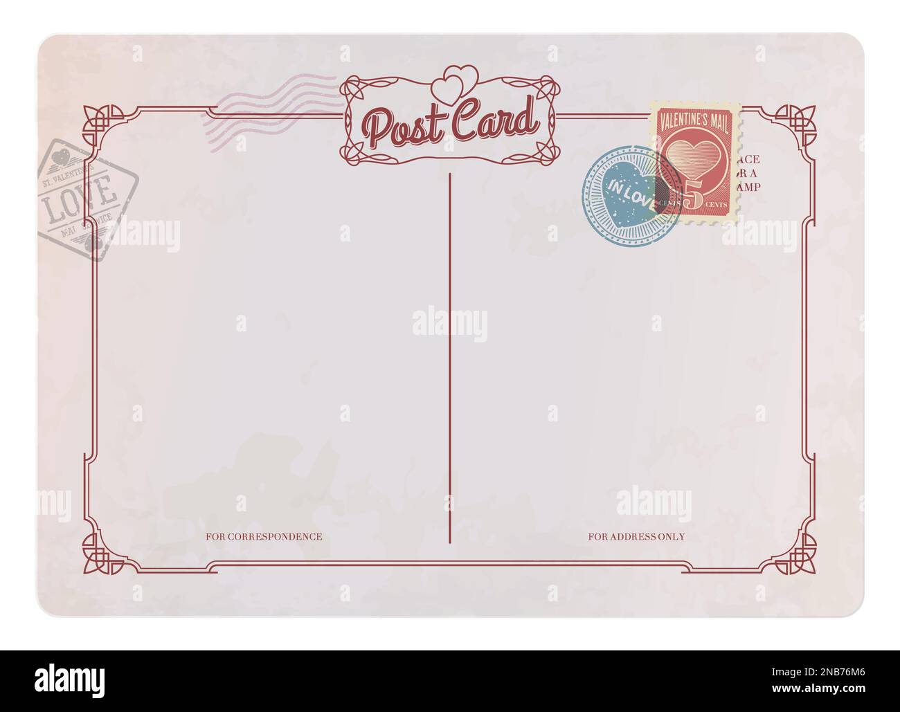 Valentine day antique postcard, retro postage stamp and vintage mail ...