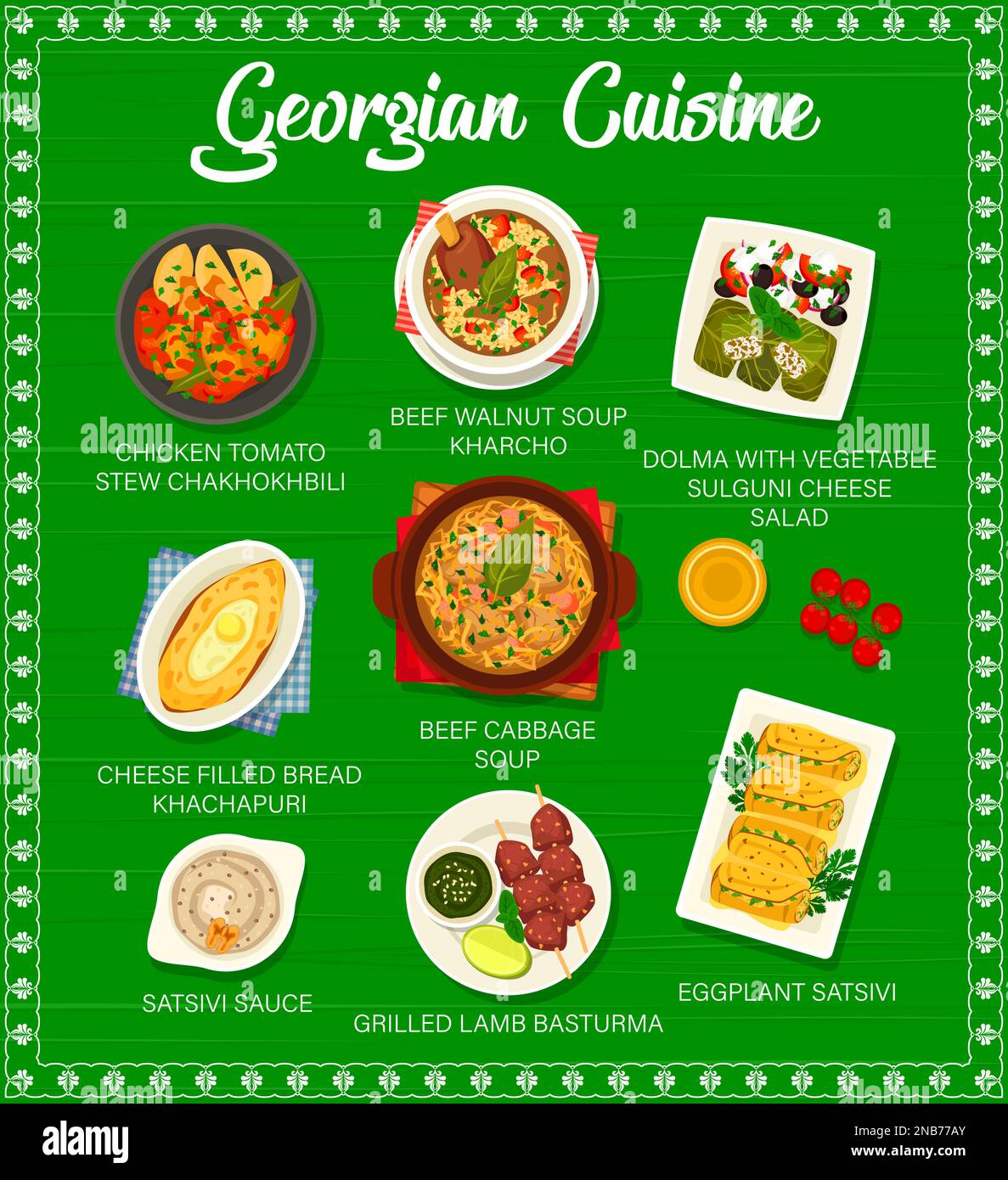 Georgian cuisine food menu page. Stew Chakhokhbili, lamb basturma and ...