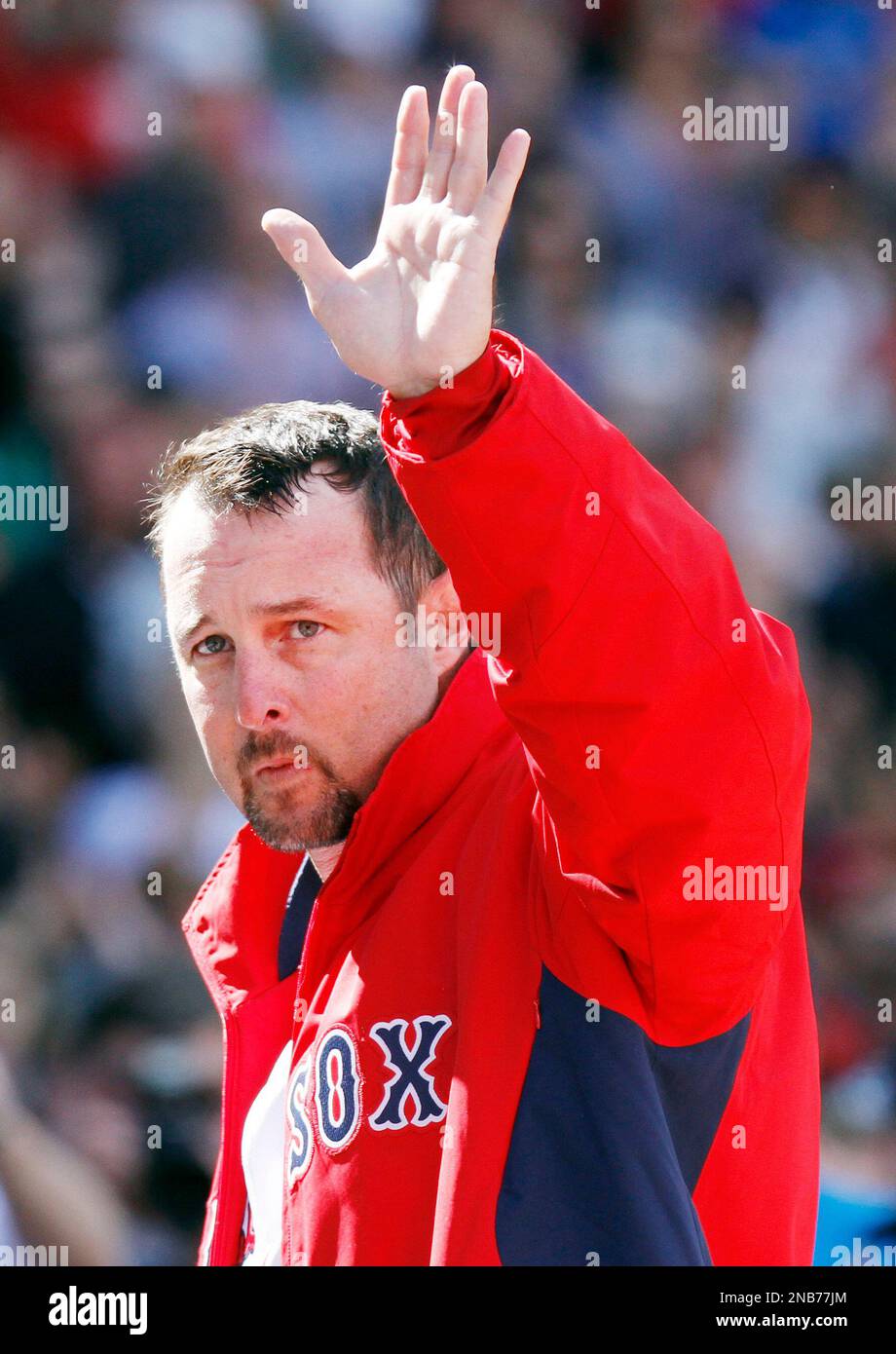 Boston Red Sox's Tim Wakefield waves to the crowd after pitching his 3 ...