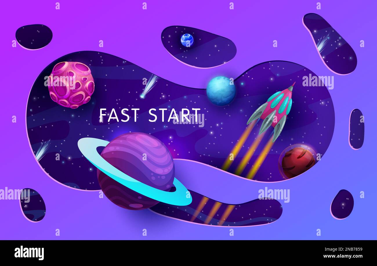 Paper cut space landscape. Cartoon rocket flying in starry galaxy with ...