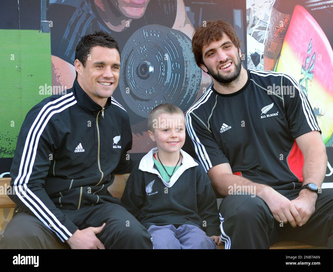 New Zealand rugby players Daniel Carter, left, and Sam Whitelock pose ...