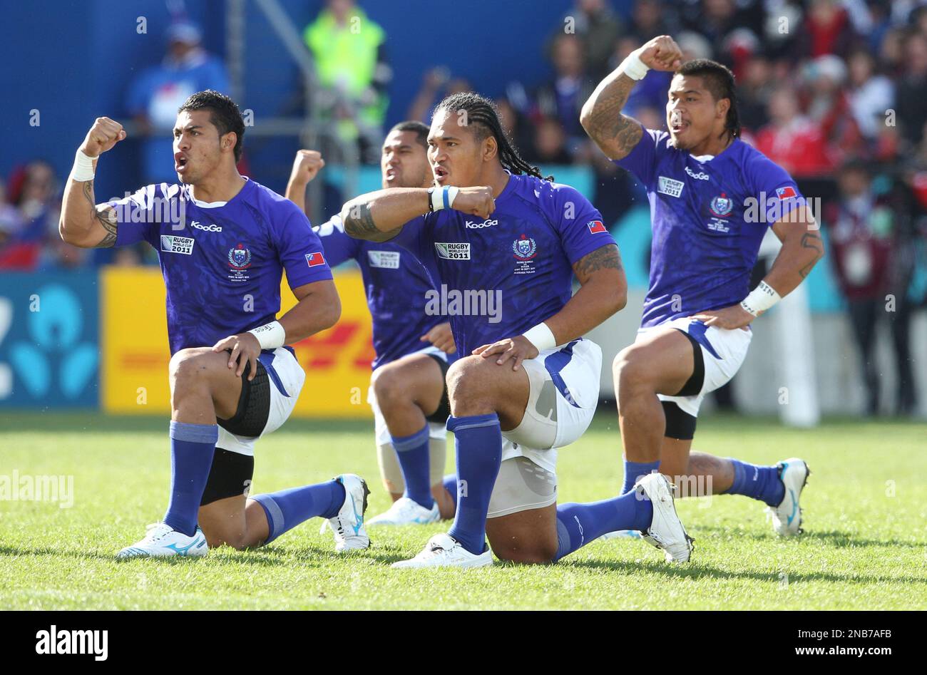 Samoan rugby players perform a challenge ahead of their Rugby World Cup ...