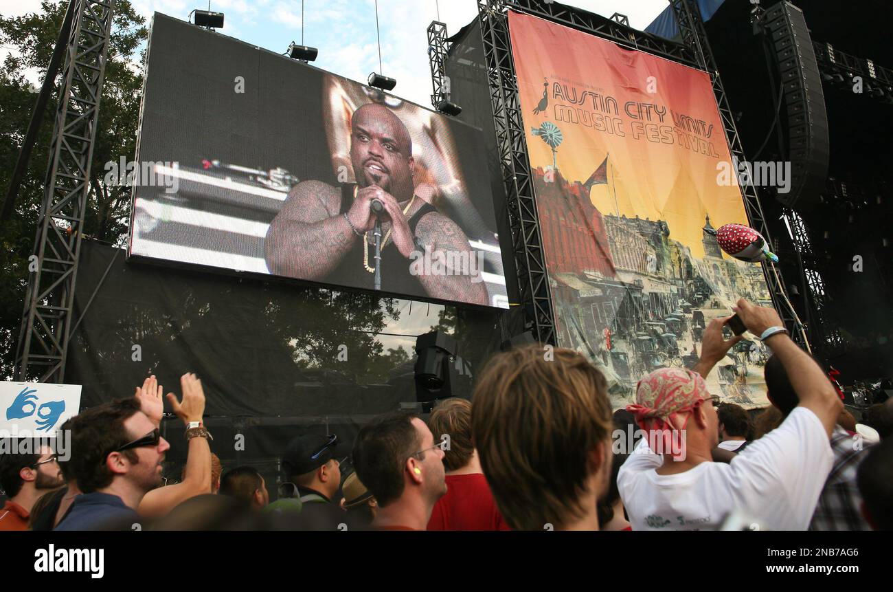 Cee Lo Green is shown on a large screen as he plays at the Austin City ...