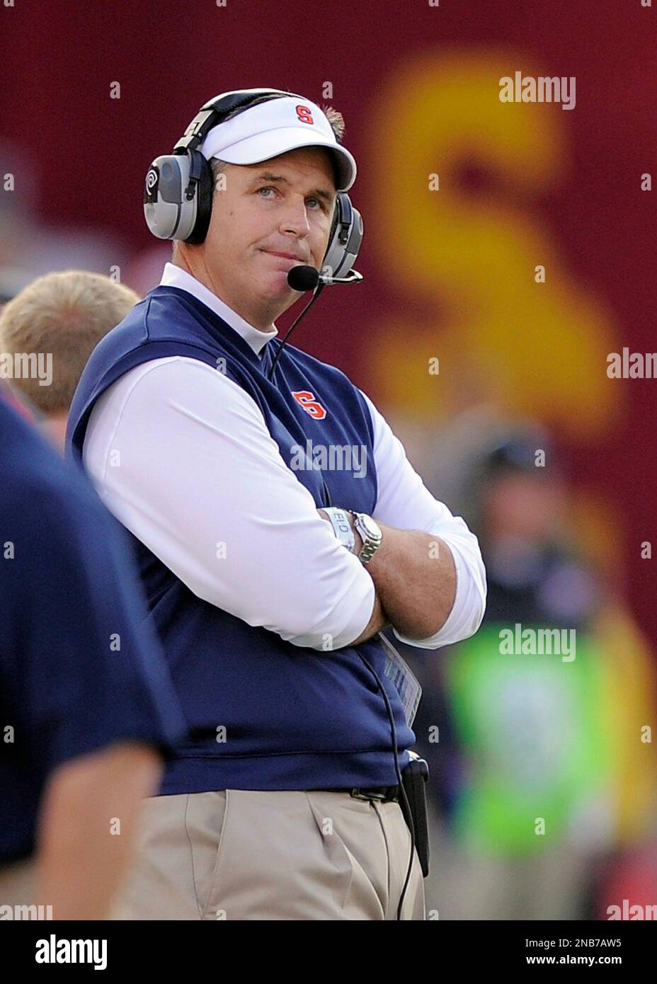 Syracuse head coach Doug Marrone looks toward the scoreboard during the ...