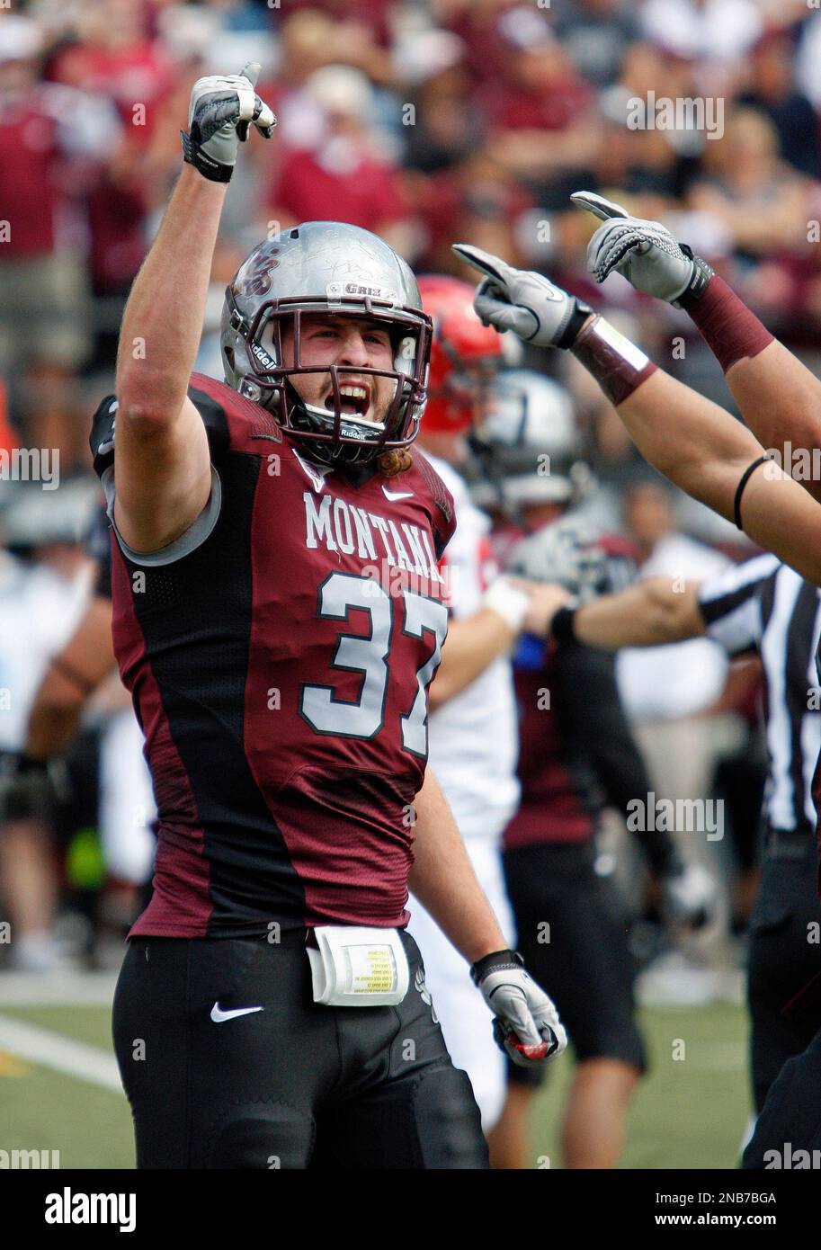 Montana defensive end Ryan Featherston (37) celebrates stop in the ...