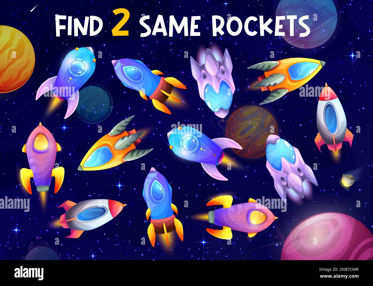 Kids game find two same rocket spaceships. Cartoon vector educational ...