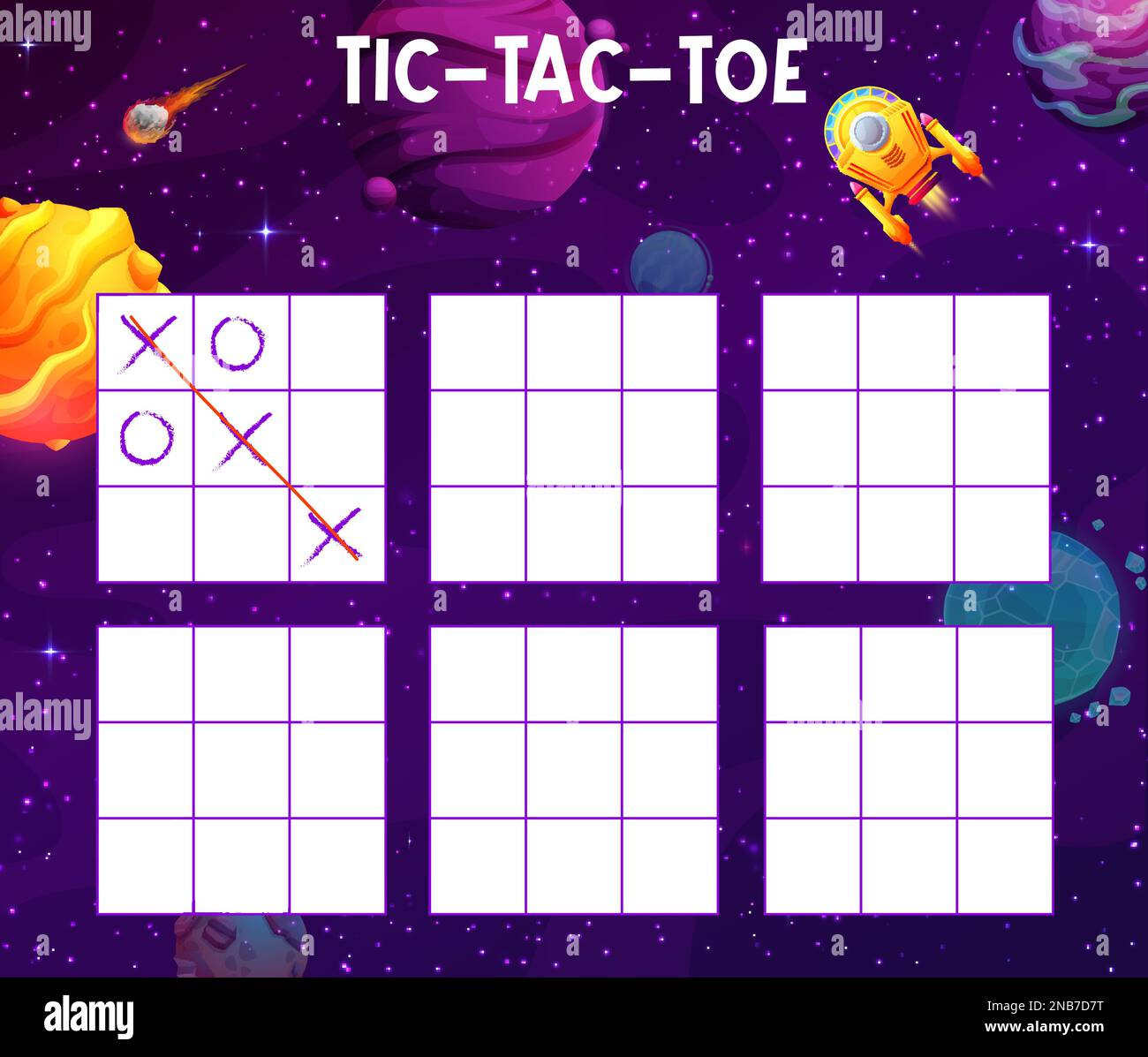 Tic tac toe game galaxy space landscape with spaceship. Kids vector ...