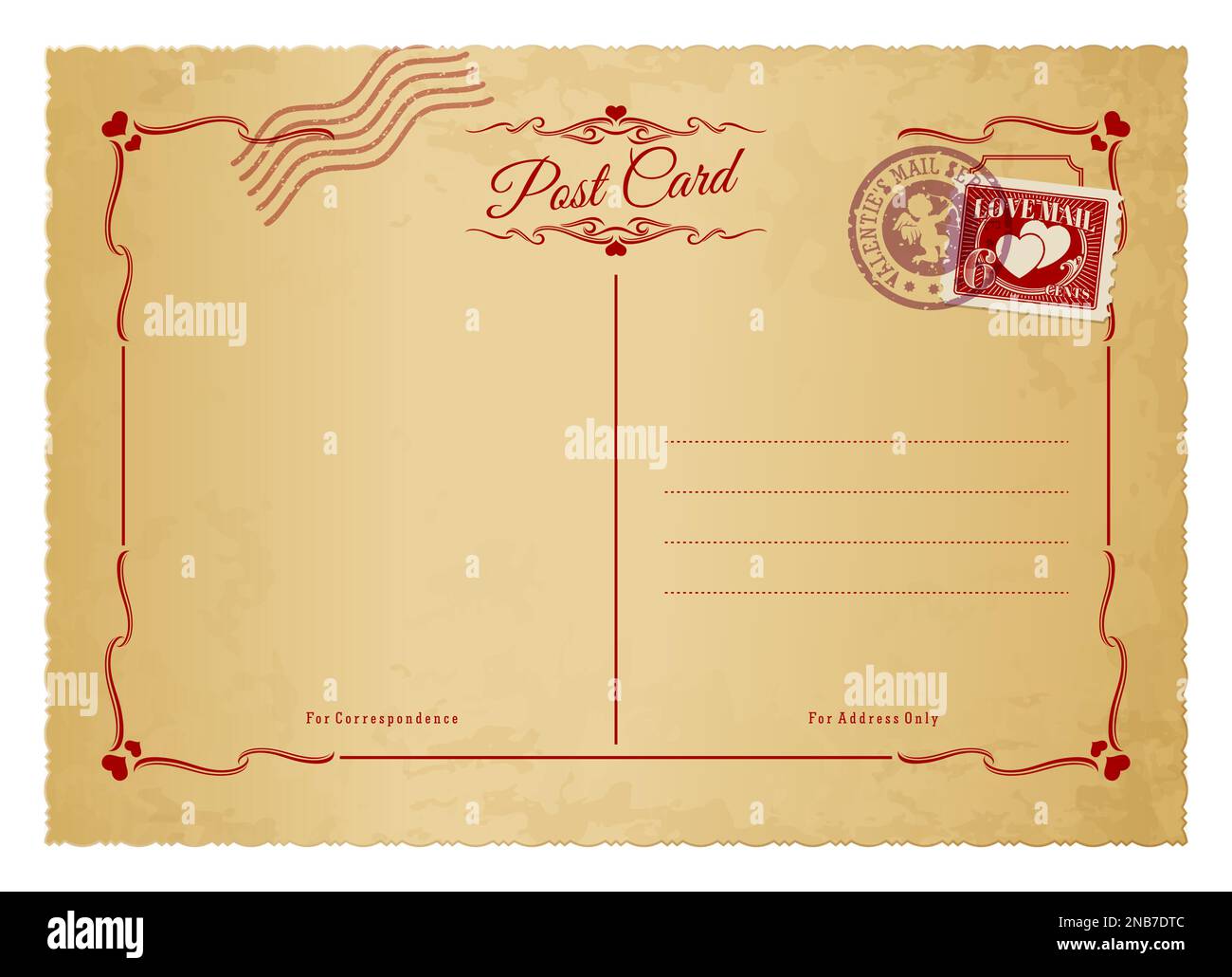 Valentine day antique postcard, retro postage stamp and vintage mail ...