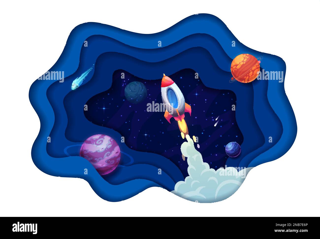 Space paper cut galaxy planets and rocket launch. Cartoon vector 3d ...