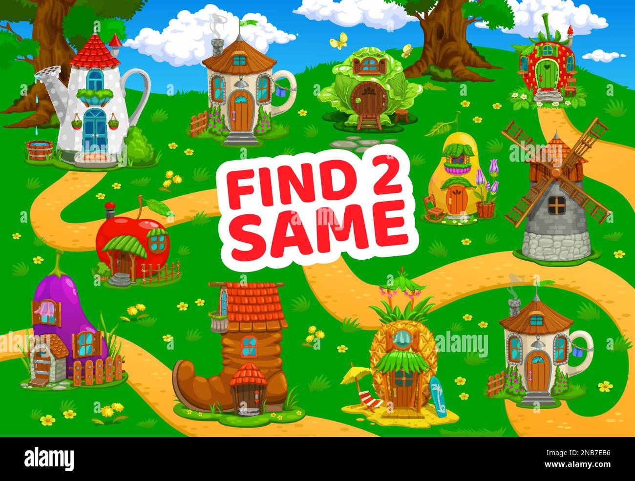 Find two same cartoon fairytale house buildings. Vector kids game ...