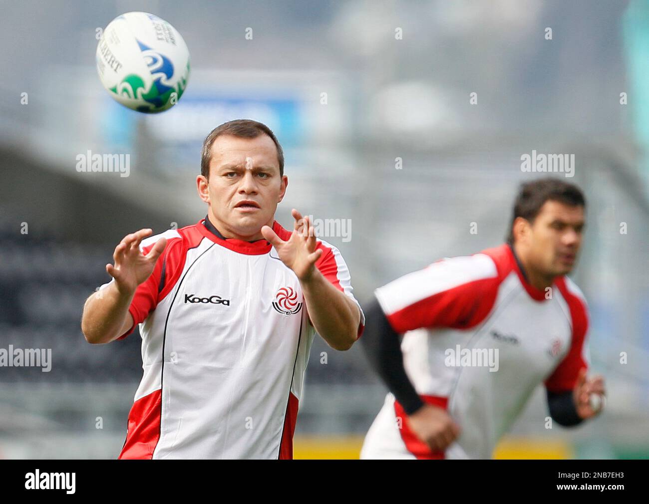 Georgian rugby team captain Irakli Abuseridze, passes the ball during a ...