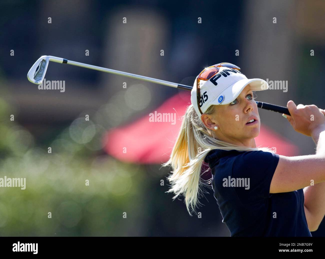 Pernilla Lindberg of Sweeden watches her ball from the 3rd tee box during the LPGA NW Arkansas ...
