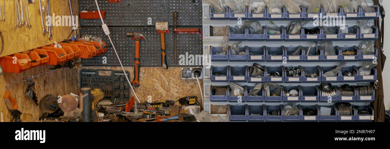 Interior of workshop full of tools ready for work Stock Photo - Alamy