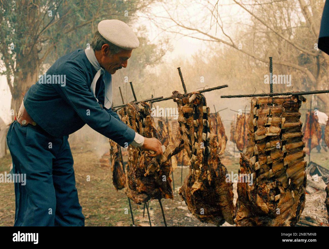 An Argentine gaucho ( cowboy ) cooks a typical asado ( barbecue ) in ...